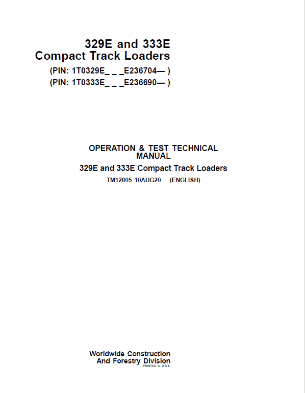 Pdf TM12805 John Deere 329E, 333E Compact Track Loader Diagnostic and ...